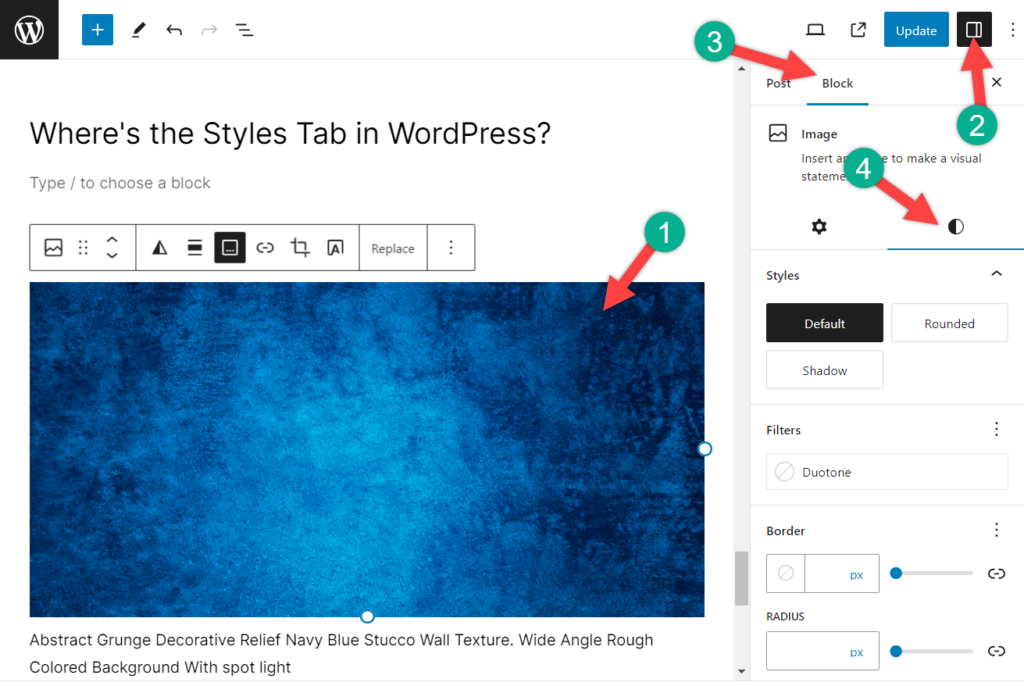 Where is the Styles Tab in WordPress Block Editor?