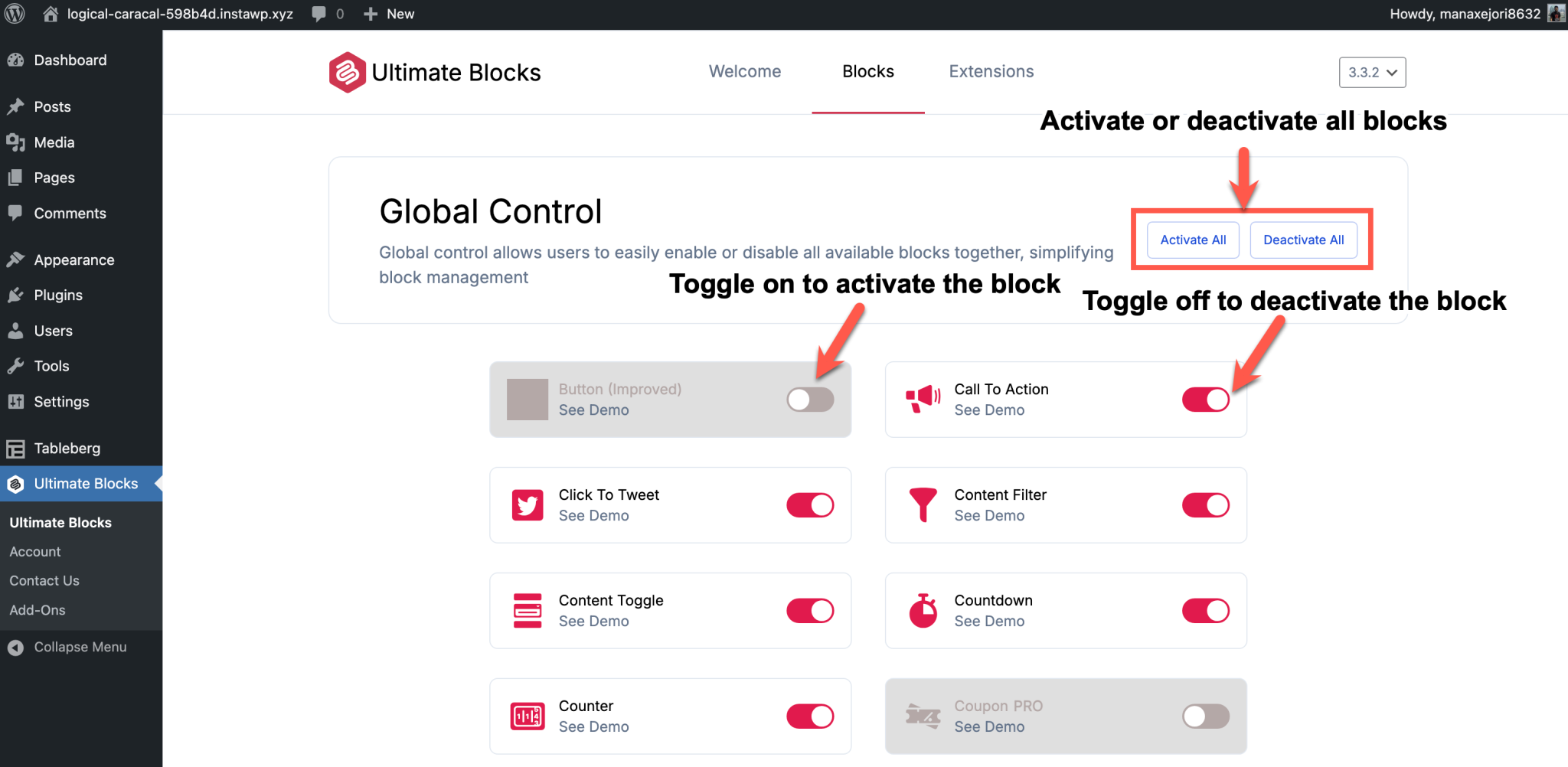 How to Activate and Deactivate Blocks in Ultimate Blocks - Ultimate Blocks